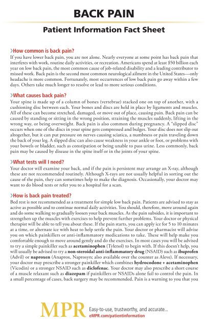 Back Pain Patient Information Fact Sheet - MPR