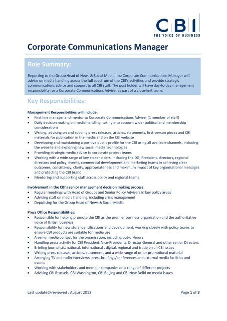 Corporate Communications Manager - CBI