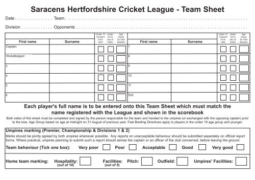 Saracens Hertfordshire Cricket League - Team Sheet