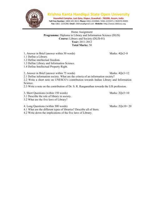 Diploma in Library and Information Science (DLIS). - kkhsou