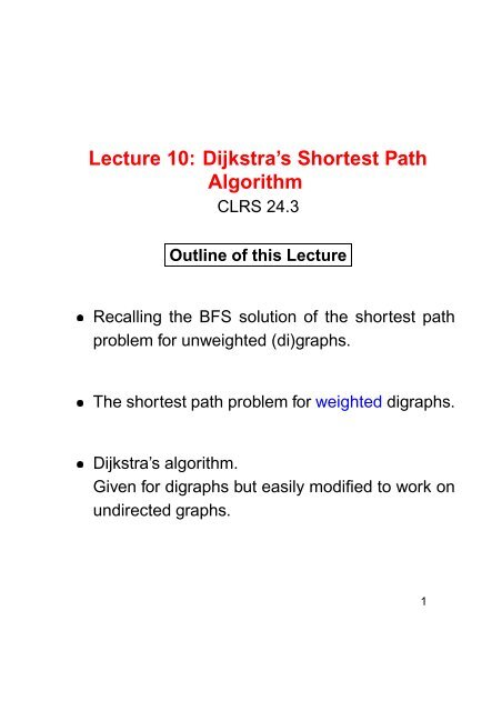 Lecture 10: Dijkstra's Shortest Path Algorithm