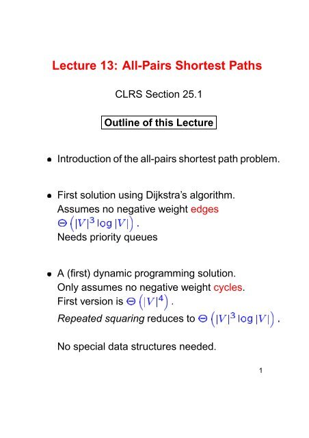 Lecture 13 All Pairs Shortest Paths