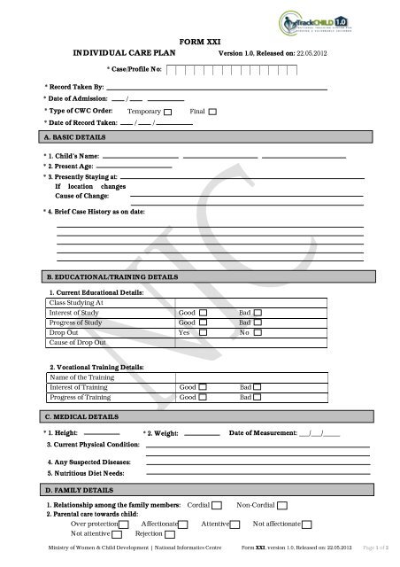 FORM XXI INDIVIDUAL CARE PLAN - Track Missing Child