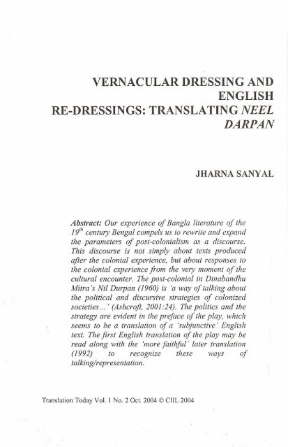 vernacular dressing and english re-dressings: translating neel darpan