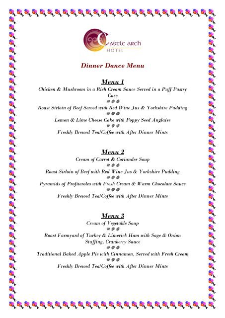 Dinner Dance Menus - Castle Arch Hotel