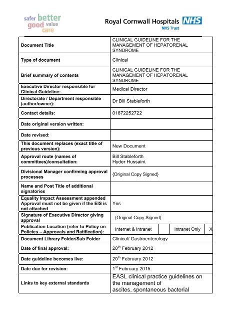 Clinical Guideline For The Management Of Hepatorenal Syndrome
