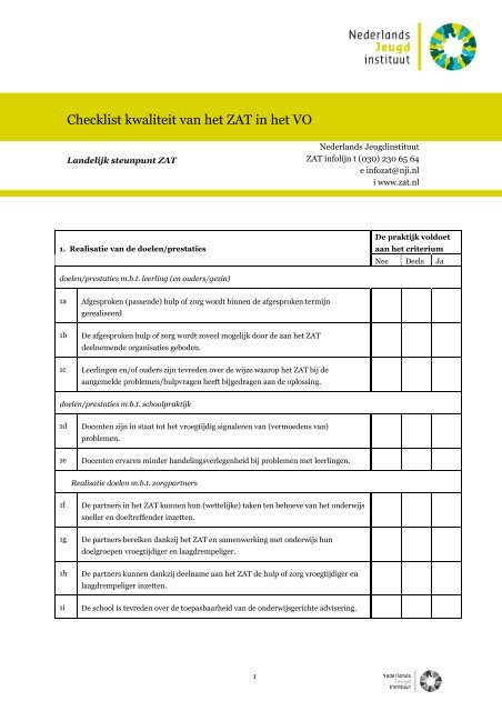 Checklist kwaliteit van het ZAT in het VO - Landelijk steunpunt ZAT