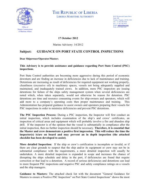 Subject: GUIDANCE ON PORT STATE CONTROL INSPECTIONS ...