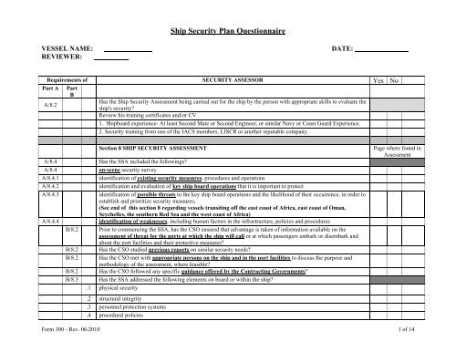 Ship Security Plan ionnaire Liscr