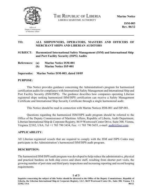 (ISM) & Intl. Ship & Port Facility Security (ISPS) Audits. - liscr