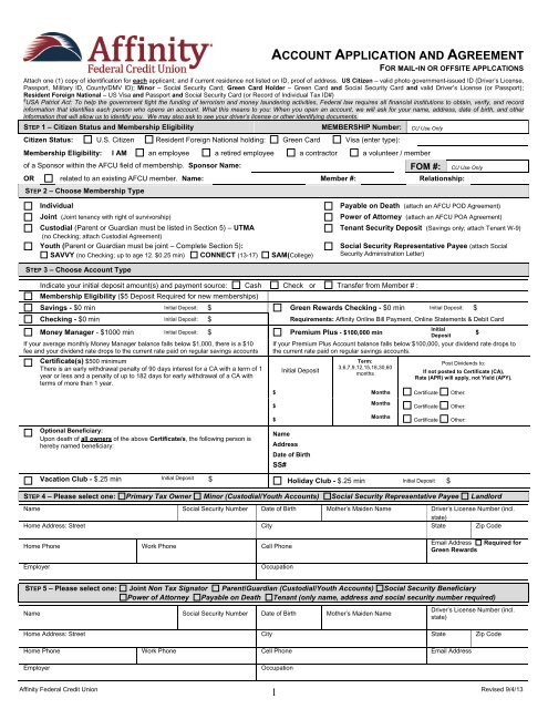 account application and agreement - Affinity Federal Credit Union
