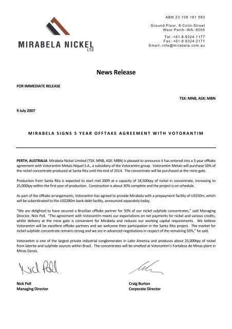 MBN Signs 5 Year Offtake Agreement with ... - Mirabela Nickel