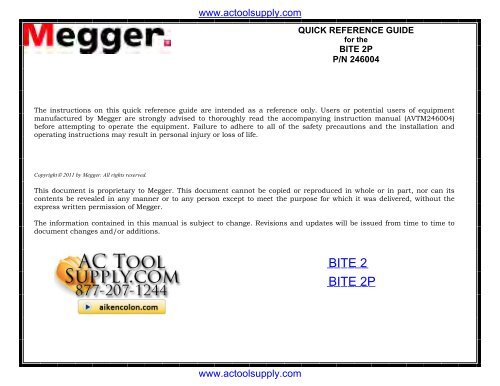Megger BITE 2P Quick Reference Guide - Actoolsupply.com