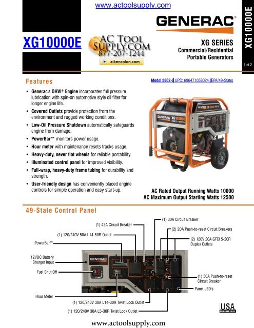 Generac XG10000E 5802 Datasheet - Actoolsupply.com