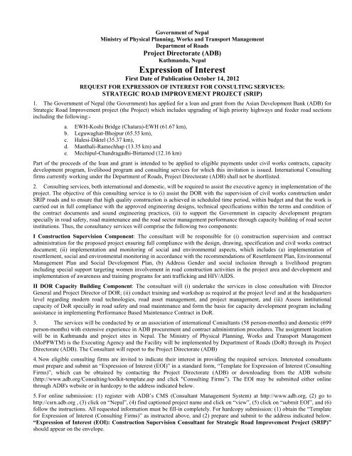 Expression of Interest - About Department of Road