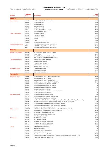 Shop@Kodak Price List