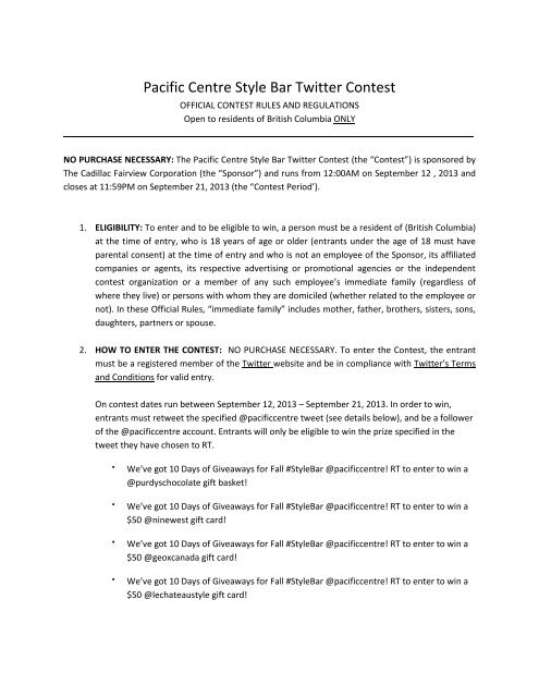Pacific Centre Style Bar Twitter Contest - Rules and Regulations