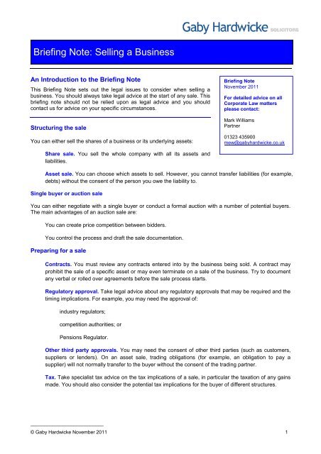 Briefing Note: Selling a Business - Gaby Hardwicke
