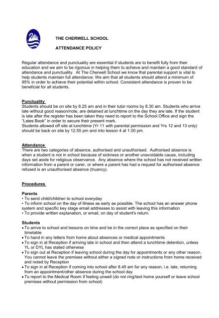 THE CHERWELL SCHOOL ATTENDANCE POLICY Regular ...