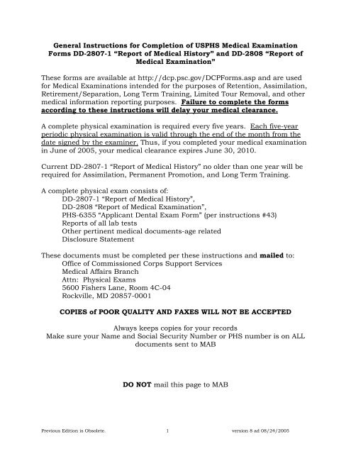 General Instructions For Completion Of USPHS Medical Examination 
