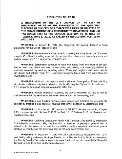 Measure Resolution approved by the City Council - City of Ridgecrest