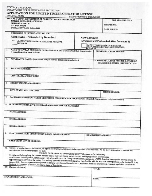 application for limited timber operator license - Cal Fire - State of ...