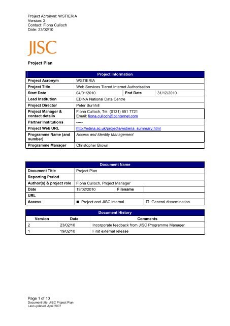 JISC Project Plan Template - Edina