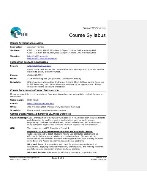 Course Syllabus - Computer Science 101 - West Virginia University