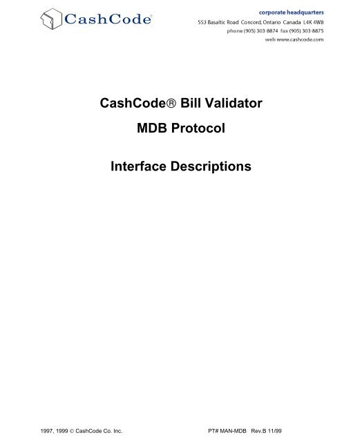 CashCodeÂ® Bill Validator MDB Protocol Interface Descriptions