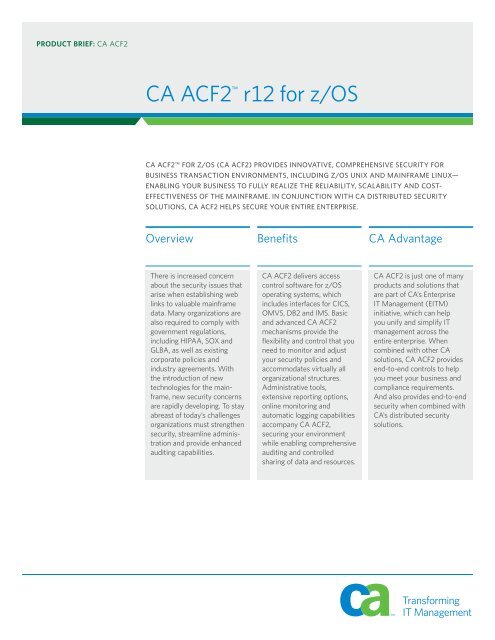 CA ACF2 r12 for z/OS Product Brief - SupportConnect