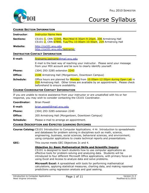 Course Syllabus - Computer Science 101 - West Virginia University
