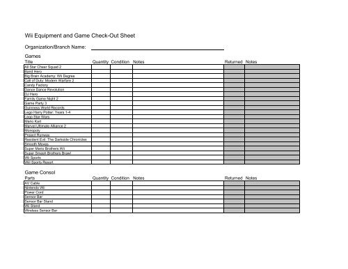 Wii Equipment and Game Check-Out Sheet