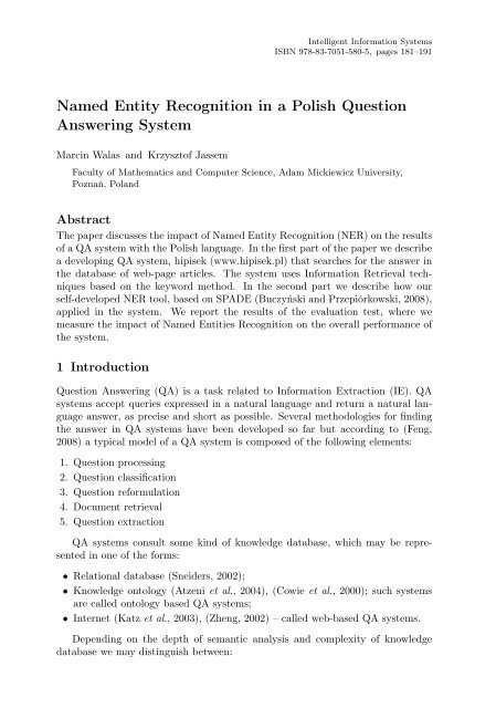 Named Entity Recognition in a Polish Question Answering System
