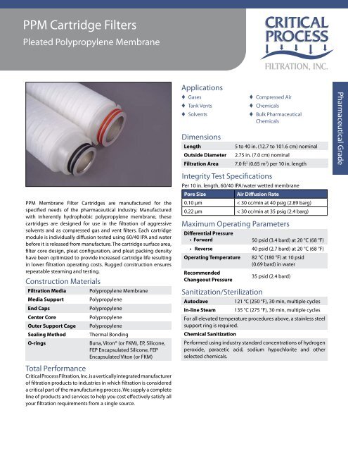 PPM Cartridge Filters - Critical Process Filtration