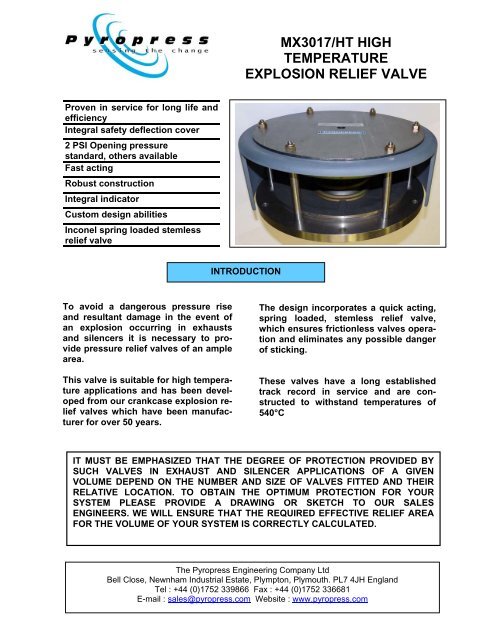 mx3017/ht high temperature explosion relief valve - Pyropress