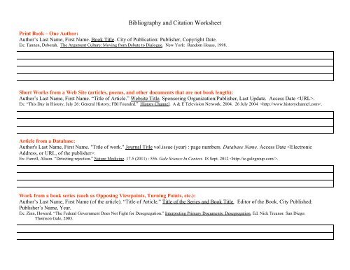 Bibliography And Citation Worksheet