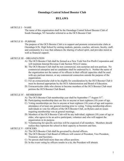 Booster Club Bylaws Onondaga Central Schools Booster Club Bylaws Onondaga Central Schools