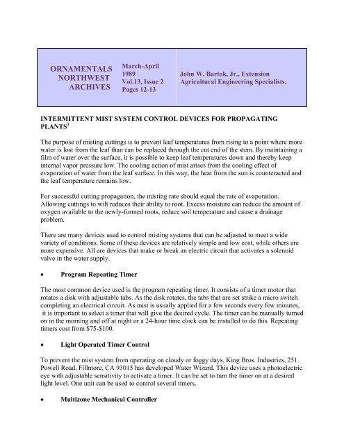 Intermittent Mist System Control Devices for Propagating Plants, Vol ...