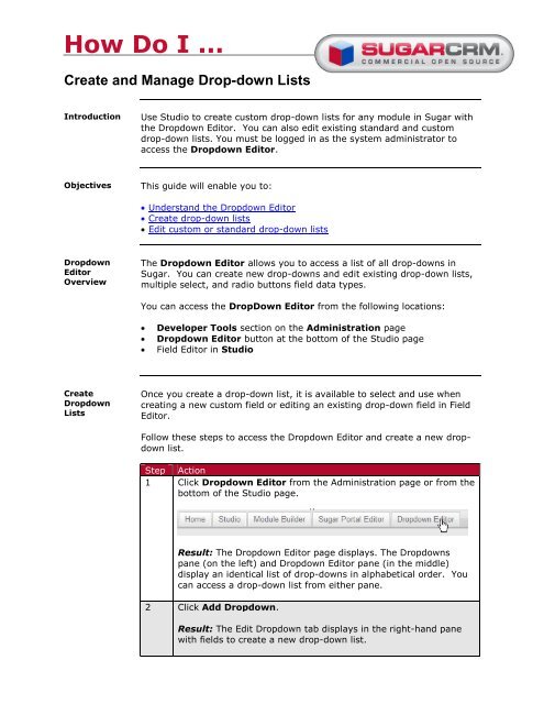 How Do I Create And Manage Drop Down Lists Sugarcrm
