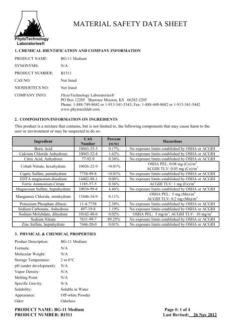 MATERIAL SAFETY DATA SHEET - PhytoTechnology Laboratories