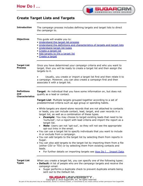Create Target Lists and Targets - SugarCRM