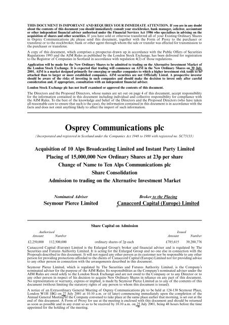 Osprey Communications plc - Ten Alps
