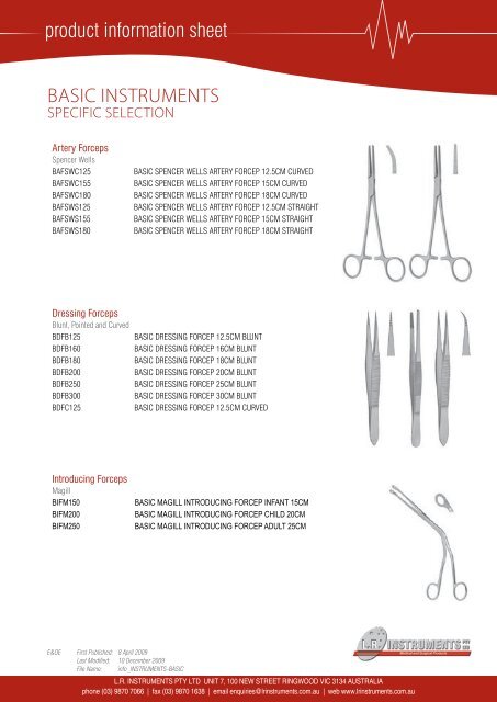 Product Information Sheet - LR INSTRUMENTS PTY LTD