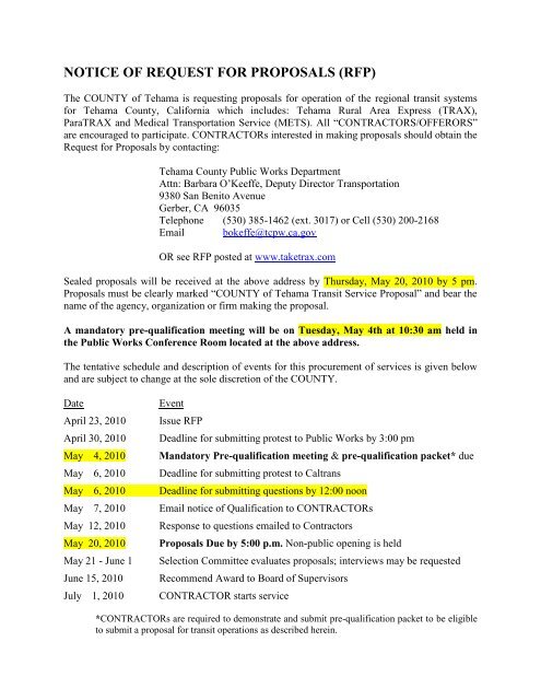 notice of request for proposals (rfp) - TRAX - Tehama Rural Area ...