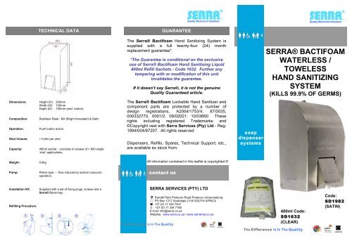 serra® bactifoam waterless / toweless hand ... - serra* services