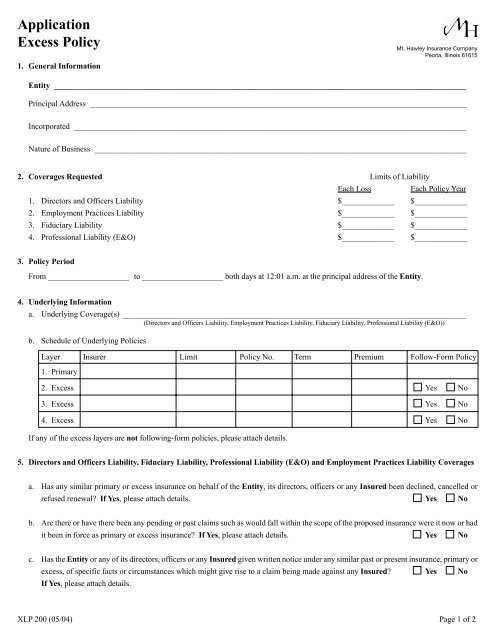 Excess Policy Application - Mt. Hawley Insurance