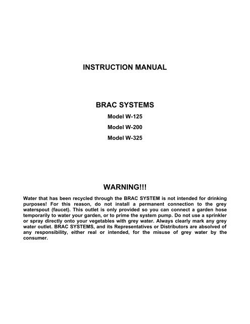 BRAC Systems Owners Manual - Brac Systems Grey Water Recycling