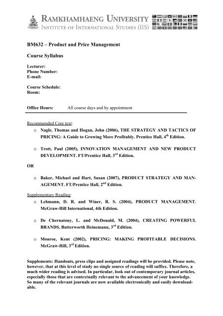 BM632 – Product and Price Management Course Syllabus