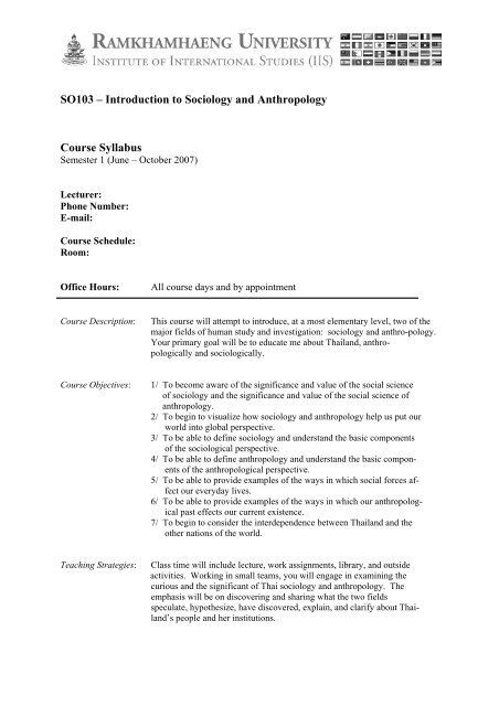 SO103 – Introduction to Sociology and Anthropology Course Syllabus