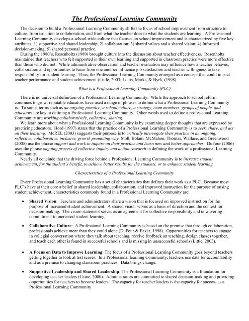 The Professional Learning Community - Lone Tree Community School